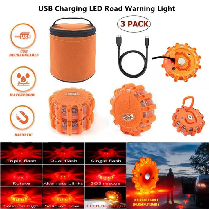 3 Pack LED Road Flares Emergency Warning Lights USB Rechargeable ...