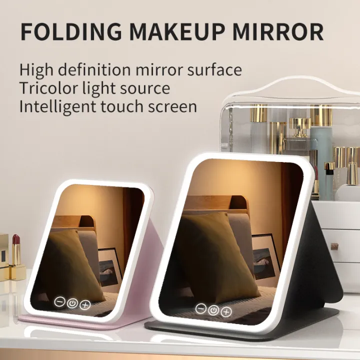 3 Colors Dimmable LED Makeup Mirror with Touch Screen Fold Cosmetic ...
