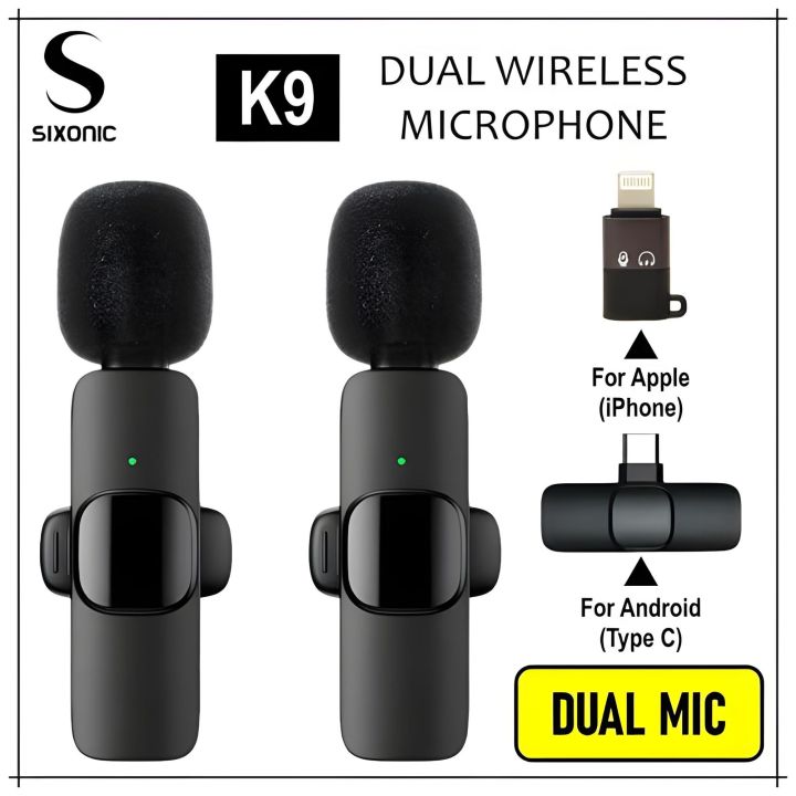 K9 Wireless Dual Microphone Professional Lapel Lavalier Microphone Remove Noise For Type C+Apple ...
