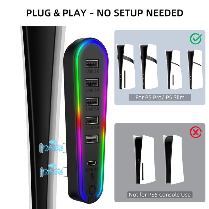 6 Ports Expansion Hub with RGB Light Charger Adapter Converter USB ...