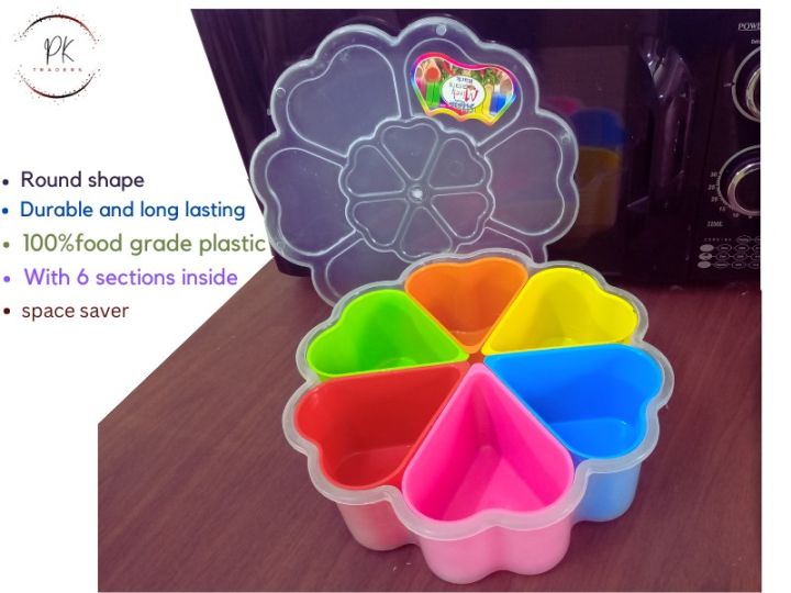 Round Plastic Masala Box with 6 Partitions and Transparent Lid Food ...