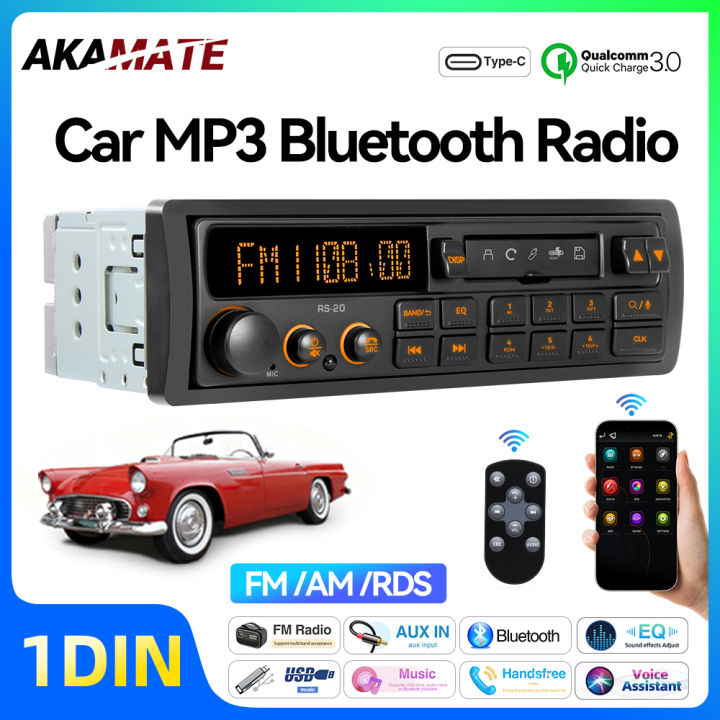 1 Din MP3 Retro Style Car Radio Bluetooth AUX FM AM RDS EQ QC3.0 Voice ...
