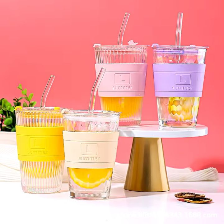 Drink Coffee Glass Cup with Lid and Straw Transparent Bubble Tea Cup ...
