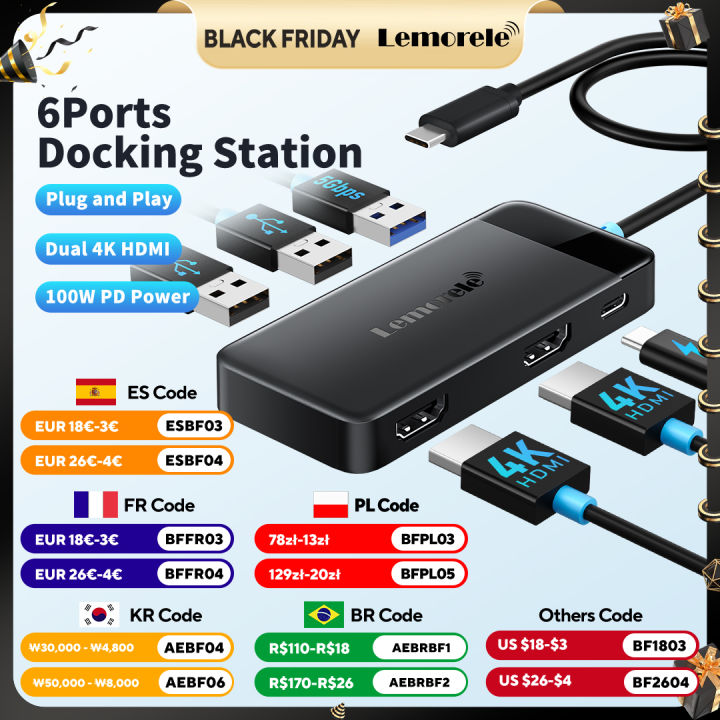 Lemorele TC122 6-in-1 USB C Hub 4K Docking Station Dual HDMI&DP 4K for MacBook Dell HP 100W PD ...