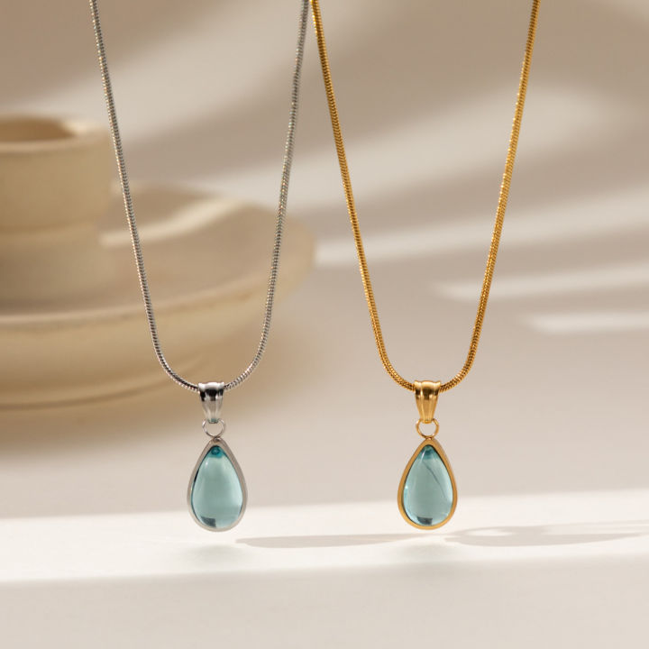 French light luxury clear green water drop blue ocean necklace vintage ...