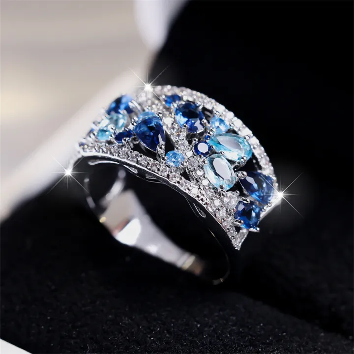 Royal Blue Crystal Water Drop Stone Ring Simulated Aquamarine ...
