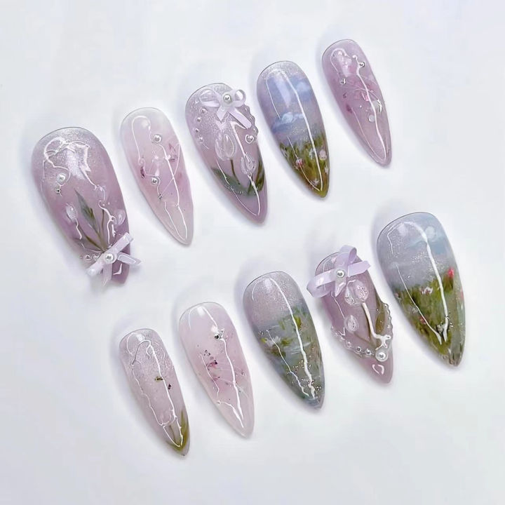 24pcs Light Purple Almond Fake Nail Tips Small Fresh Bowknots Pearl ...