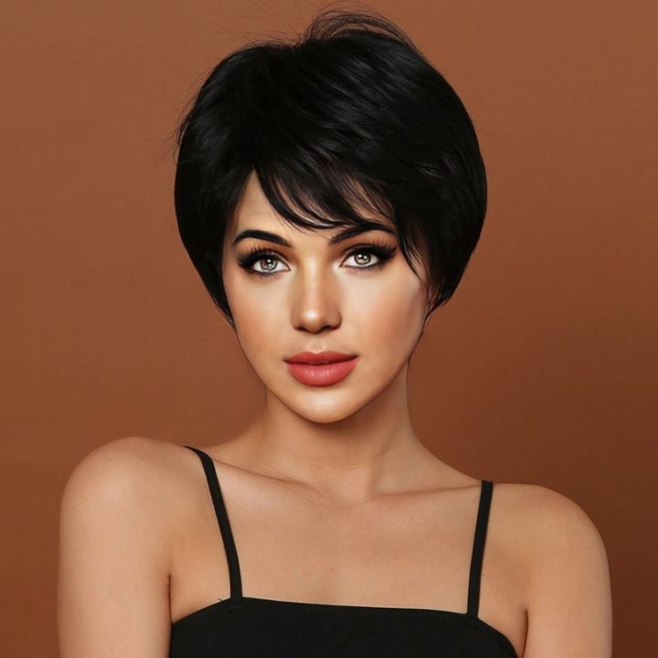 New wig women fashion short straight hair side parting diagonal bangs ...