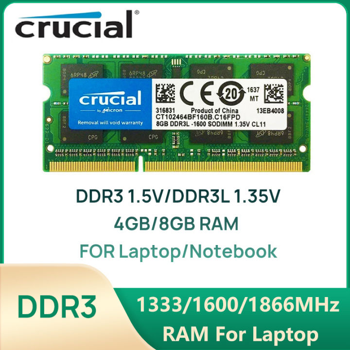 Crucial Laptop Memory DDR3L 1.35V/ DDR3 1.5V 1333 1600 1866 MT/s MHz 4GB 8GB RAM 204pin SO-DIMM ...