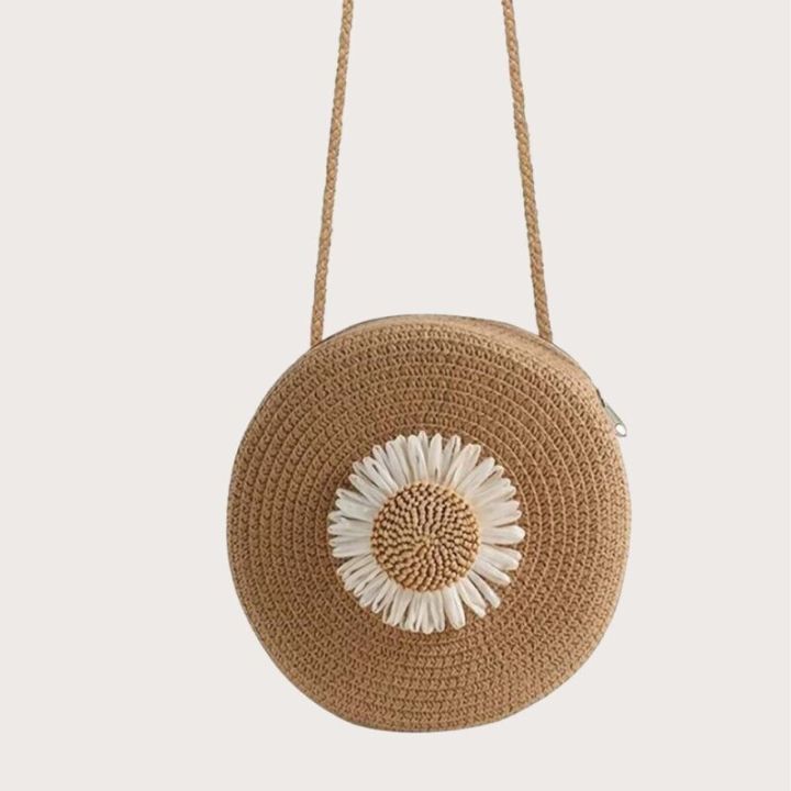 Flower Graphic Circle Straw Bag, Vintage Shoulder Beach Bag, Women's ...