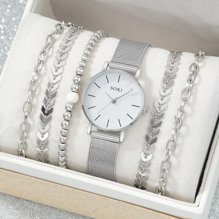 6pc Simple Silver Quartz Watch With Bracelet For Women Casual Fashion ...