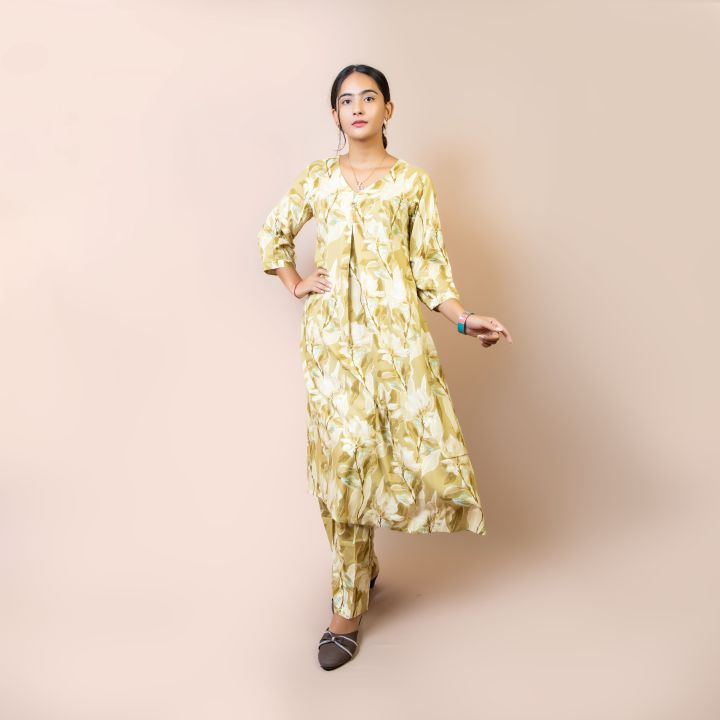 Bisesh Creation Mehandi Green Single Button Umbrella Kurtha Pant Set ...