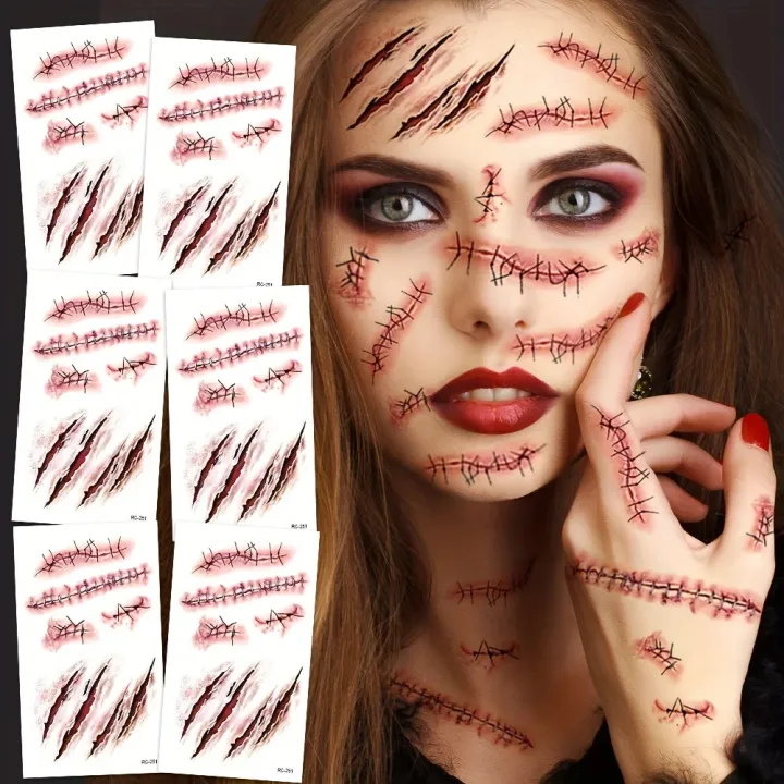 5/10/20pcs Halloween Scar Temporary Tattoo Stickers 3D Fake Scar ...