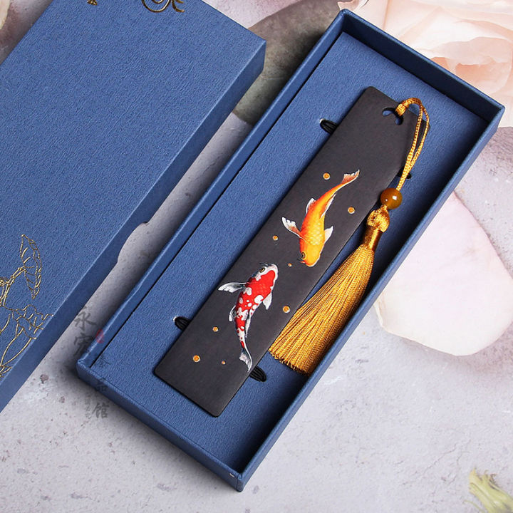 Chinese Style Retro Painted Koi Carp Wooden Bookmark Tassel Pendant ...