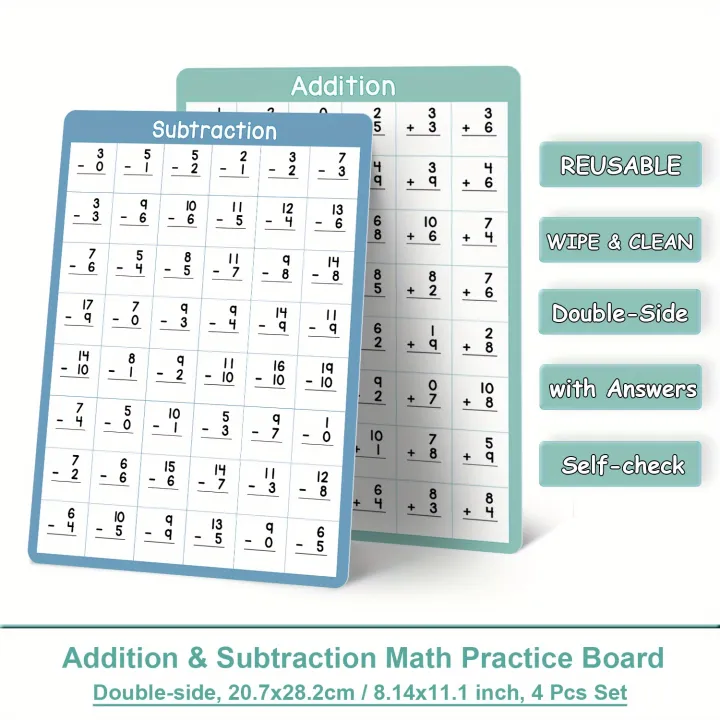 4Pcs Digit 0-10 Addition & Subtraction Math Learning Chart Homeschool ...