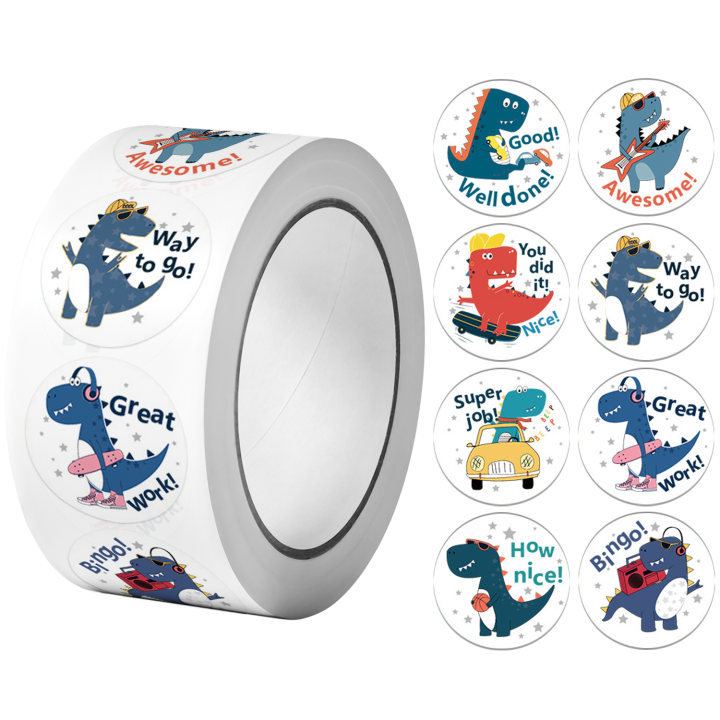 1Roll(500pcs) 1'' Round Cartoon Reward Dinosaurs Stickers for Kids ...