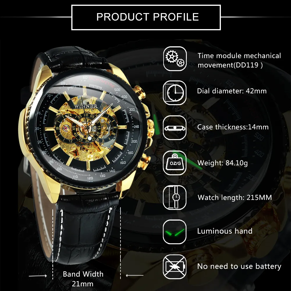 WINNER Military Skeleton Automatic Watch for Men Luminous Pointers ...
