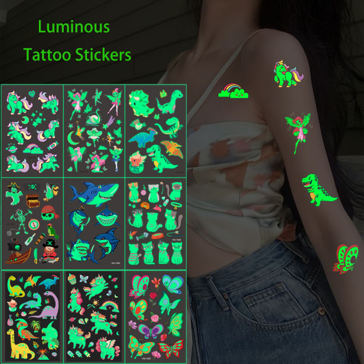 5 Sheets Luminous Tattoo Stickers Temporary Colorful Animal Dinosaur ...