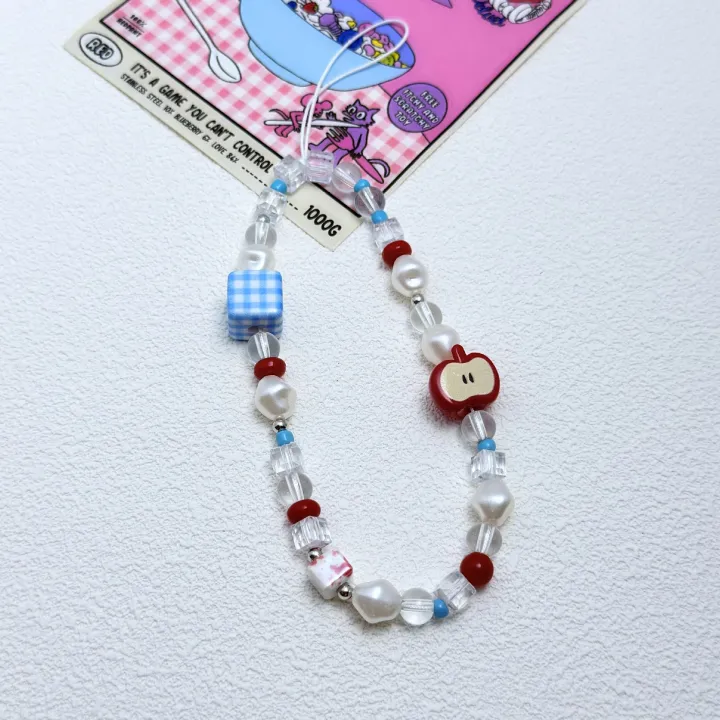 Handmade Bead Blue Checkered Mobile Phone Lanyard Red Apple Phone Case ...