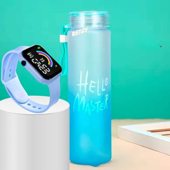 Water Bottle And LED Watch With Multicolor Glass Drinking Bottle Pack ...