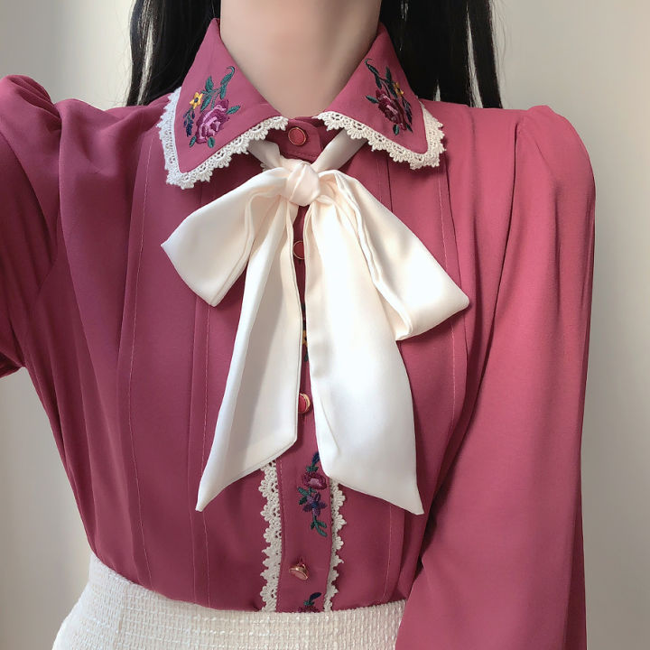 2023 Women' Cute Bow Tie Ribbon Tops Preppy Style Vintage Japan Korea ...