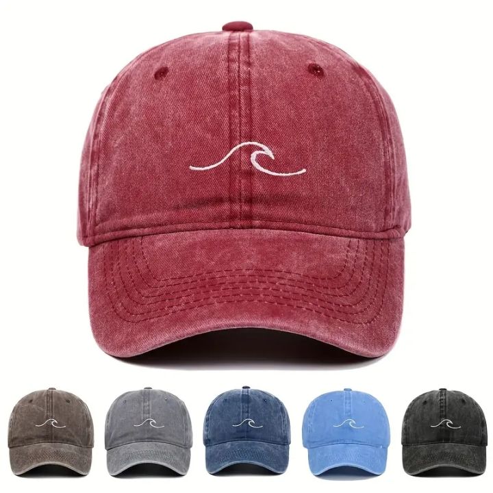 Wave Ripple Embroidery Baseball Cap Solid Color Washed DistressedDad ...