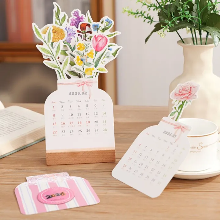 Wooden Base Bloomy Flowers Desk Calendar Vase Shaped Detachable Base ...