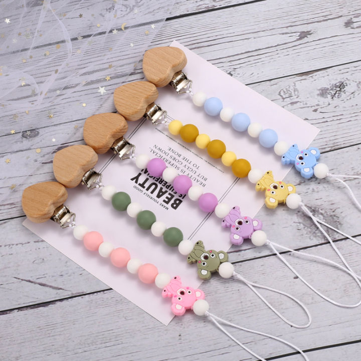 Baby Pacifier Clip Beech Wood Heart Beads Cartoon Koala Silicone ...