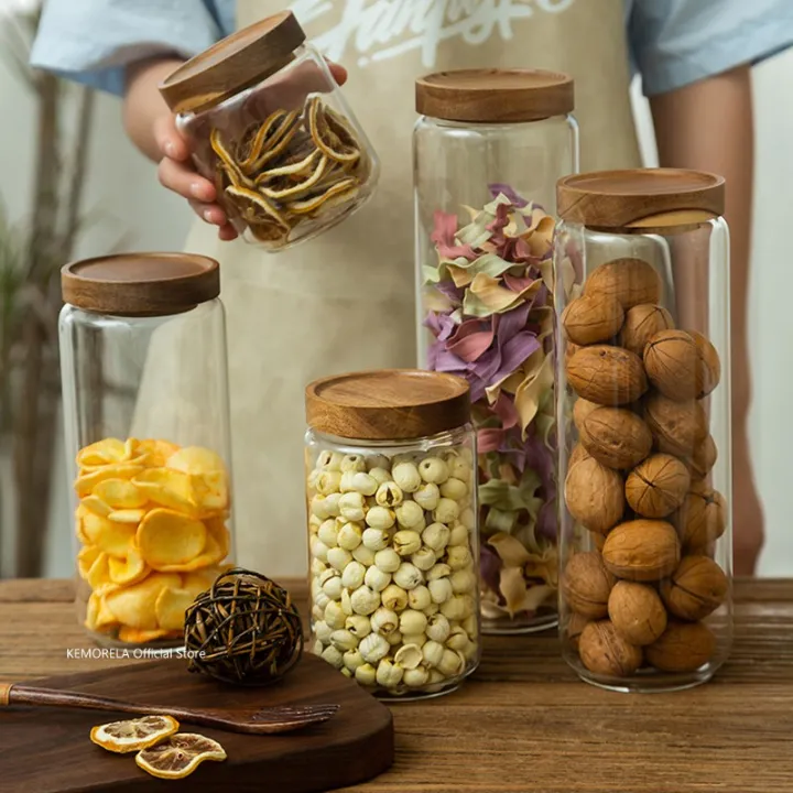 Wood Lid Glass Airtight Canister Kitchen Storage Bottles Jars Food ...