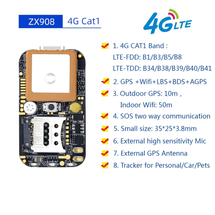 ZX908 Mini 4G GPS Tracker CAT1 PCBA Chip Board For Vehicle Car Person ...