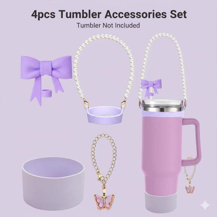 4PCS Tumbler Accessories Set – Pearl Handle, Bow Straw Clip, Silicone ...