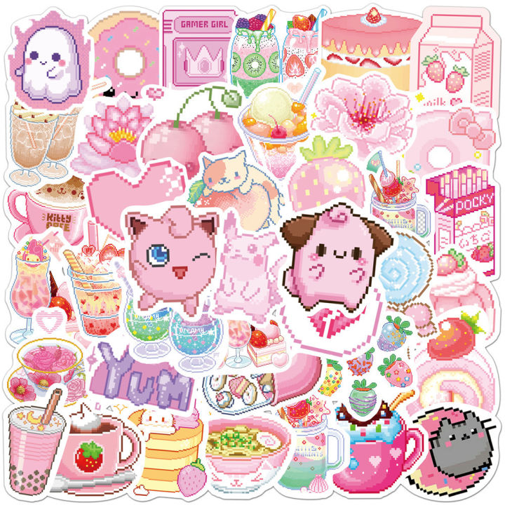 50Pcs Cute Ins Pink pixel Stickers Pink Decals for DIY Helmet Guitar ...