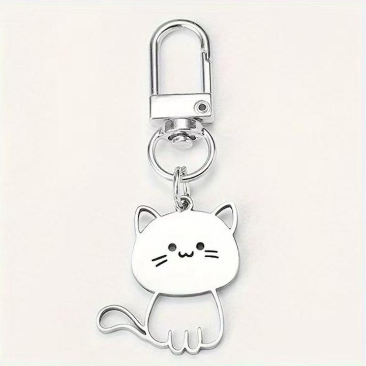 Silver Cute Cat Keychain Cartoon Animal Stainless Steel Keyring ...