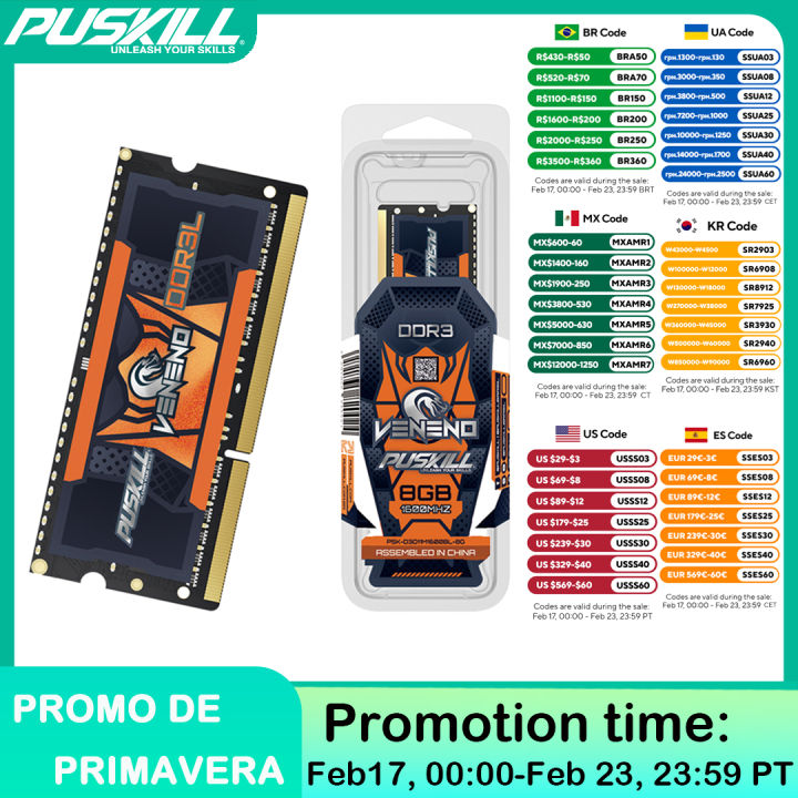 PUSKILL Veneno DDR3L Memória RAM Laptop 8GB 4GB 1.35V 1600MHz 1333MHz ...