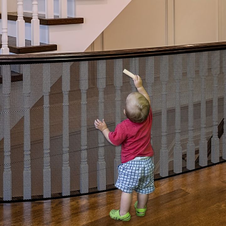 Baby Gate for Stairs, Banister Guard for Kids, Pets, Mesh Safety Net ...
