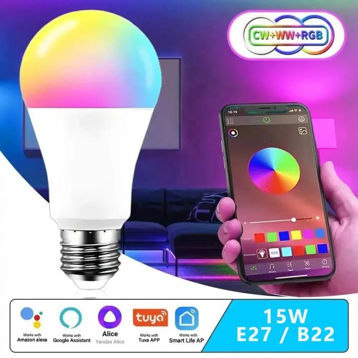 Tuya Smart Bulb E27 B22 Dimmable RGB Smart Light Bulbs 100-240V 15W LED ...