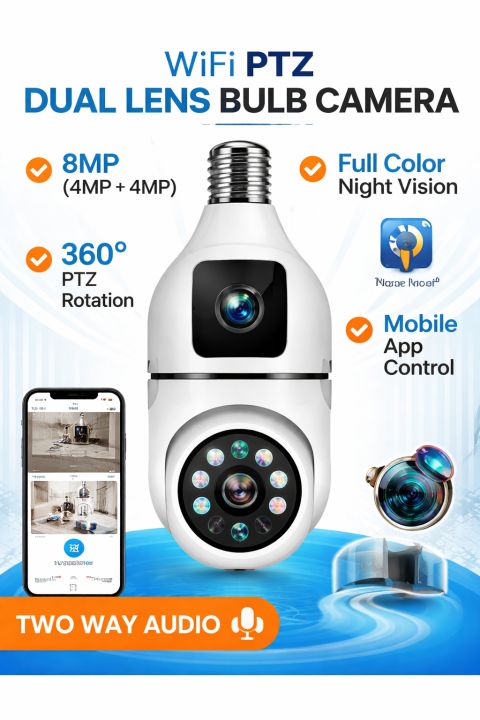 Wifi PTZ Dual Lens Bulb CCTV Camera 8MP (4MP+4MP) – 360° Rotation ...