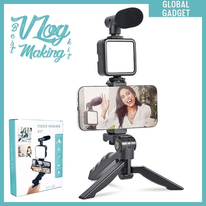AY-49 Vlogging Video Making Kits Microphone LED Fill Light Mini Tripod ...