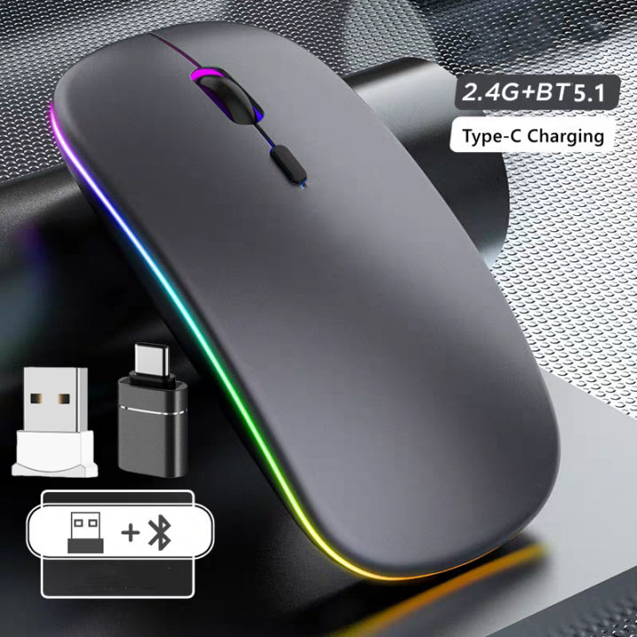 LED Wireless Mouse Bluetooth-compatible 2.4GHz Slim Rechargeable Silent ...