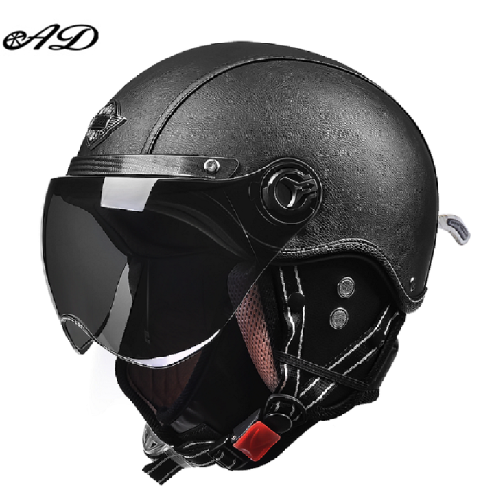AD Retro Motorcycle Helmets with Harley Visor Leather Helmet for Man ...