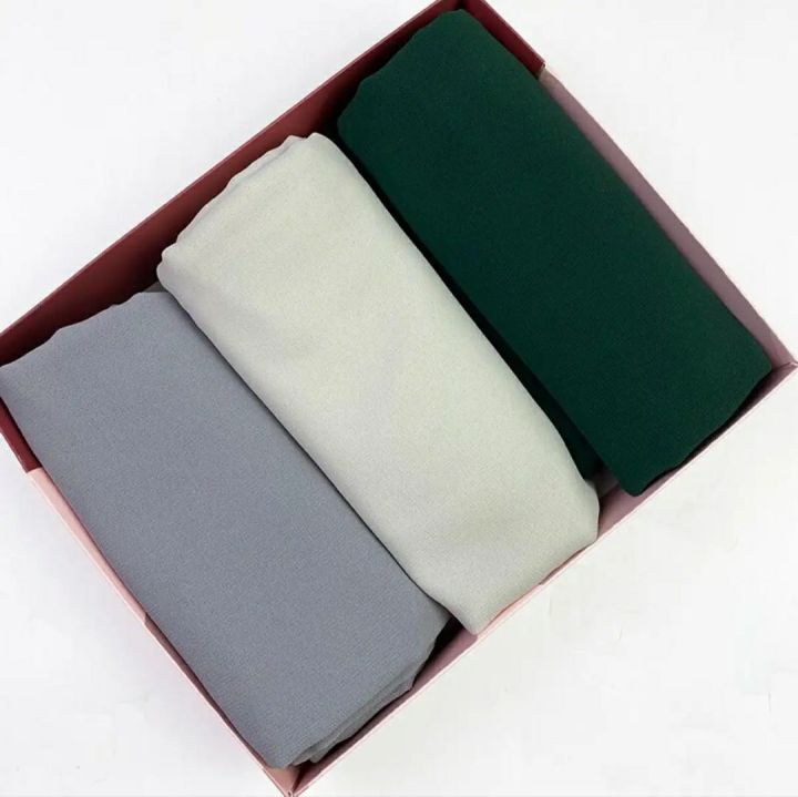 3 Combo Pack Chiffon Jorjet Hijab Color Dark Ash, Deep Green & White ...
