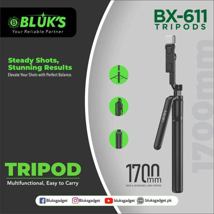 Bluks BX-611 Super Long 1700mm Selfie Stick + Tripod with Flash Light ...