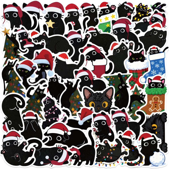 50PCS Cartoon Christmas Black Cat Art Aesthetic Stickers Pack Diary ...