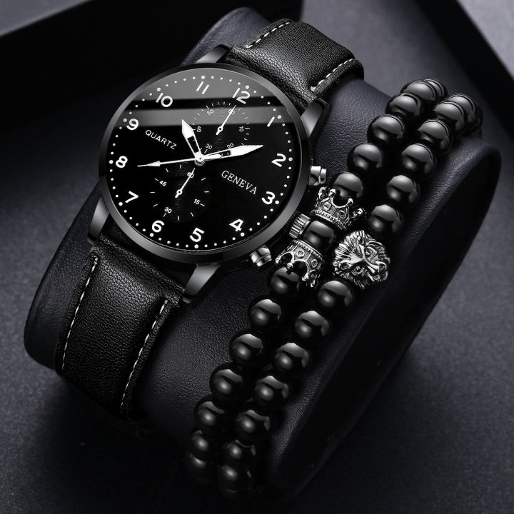 3PCS/Set Men's Watch Casual Leather Band Quartz Watches Beads Bracelets ...