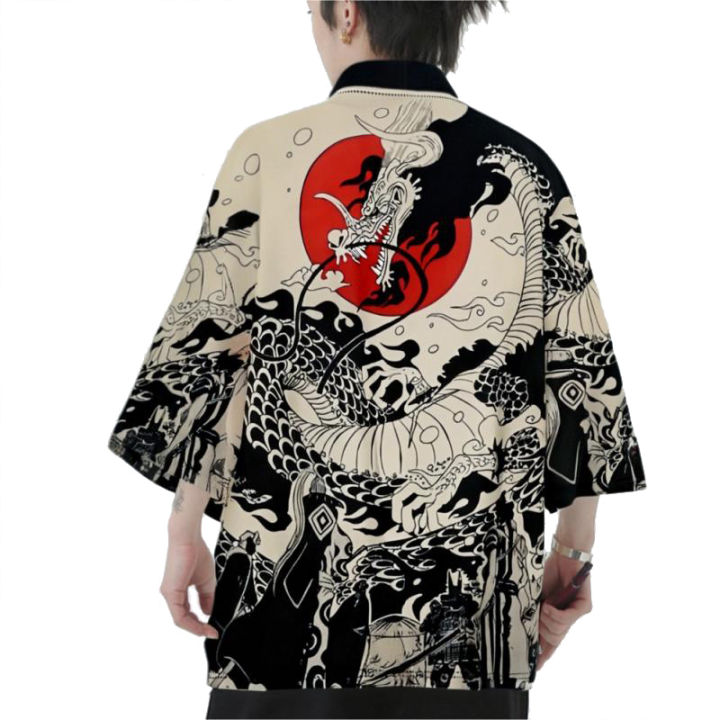 Black Dragon Shirt Kimono Traditional Japanese Samurai Haori Cosplay ...