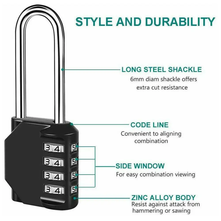 4 Digit Number Combination Pad Lock Long Shackle Padlock Outdoor ...