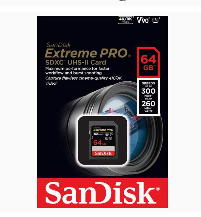 SanDisk 64GB transfer speeds up to 300MB/s write speeds of up to 260MB/s Extreme PRO SDXC UHS-II ...