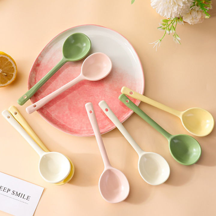 Cream-style Household Ceramic Long-handled Spoon Kitchen Tableware ...
