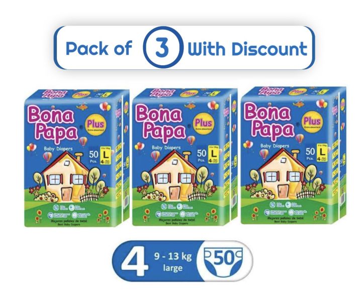 Pack of 3 Bona Papa Plus Diapers Economy Pack Large Size 4 – 50 Pcs ...
