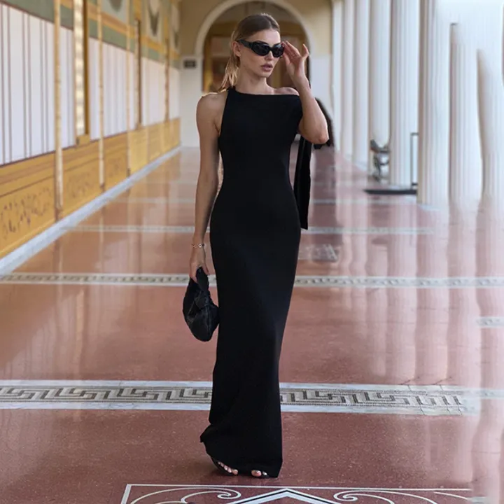 WhereMery Saxy Solid O-Neck less Dress Summer Slim Fit Piece Long Dress ...